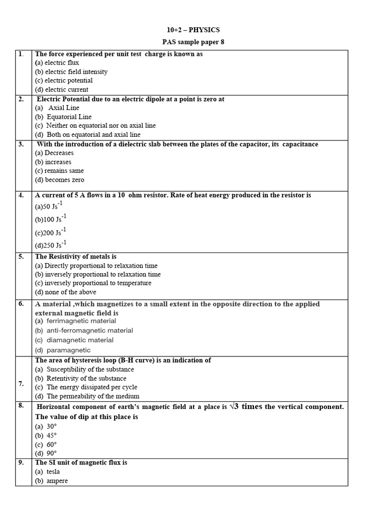 10+2 Sample Paper 8 | PDF | Transformer | Magnetic Field