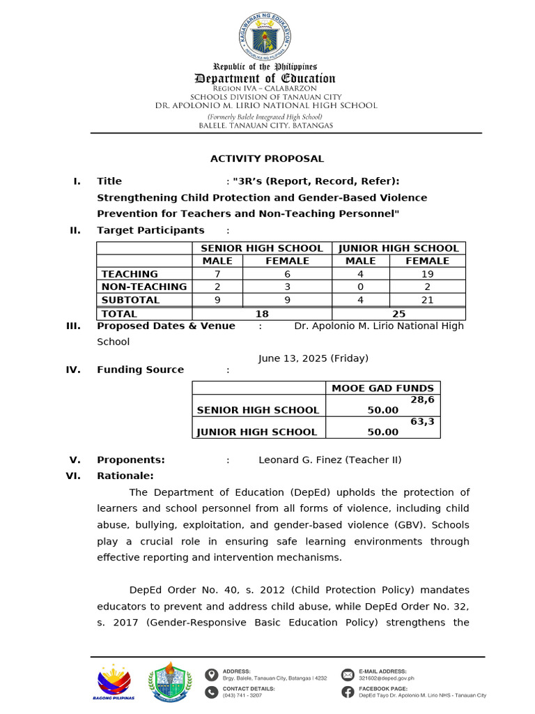 Activity Proposal Gad 2025 | PDF | Violence | Child Protection