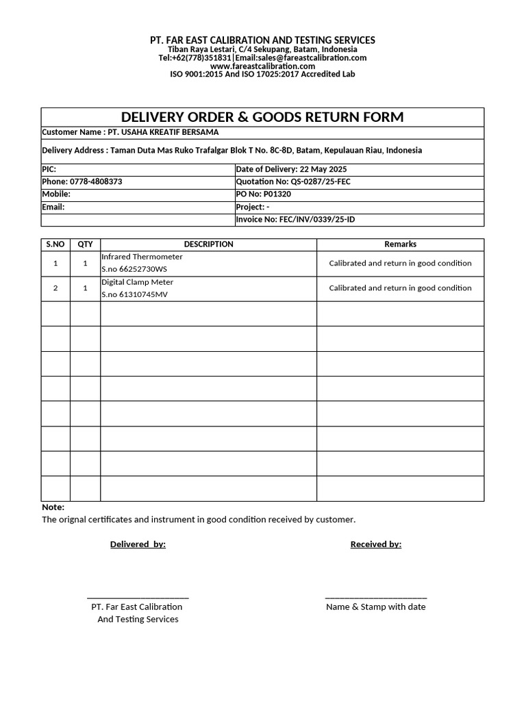 Calibration Delivery Order Form | PDF