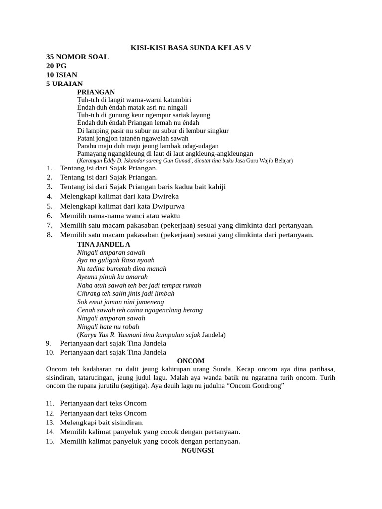 Kisi-Kisi Basa Sunda Kelas V Asat | PDF