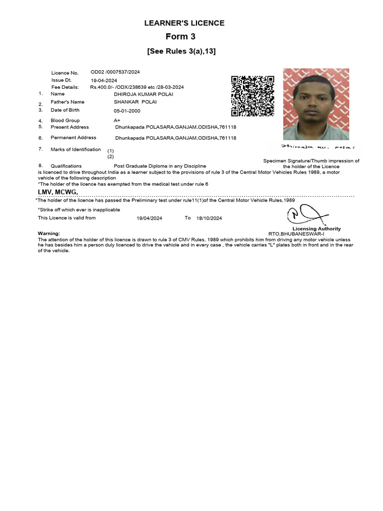 Form 3: Learner'S Licence | PDF