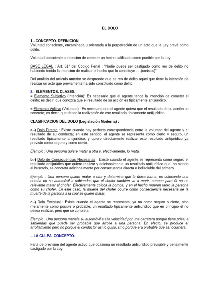 El Dolo, Dolo Eventual y Culpa | PDF | Intención (Derecho Penal) | Robo