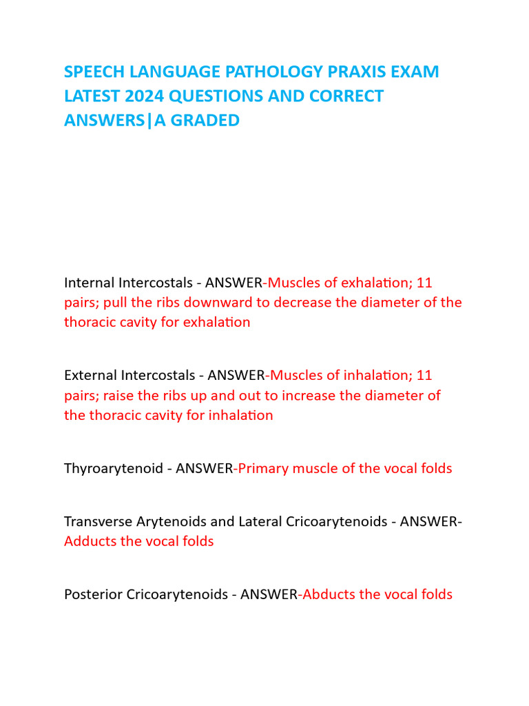 Speech Language Pathology Praxis Exam Latest 2024 Questions and Correct ...
