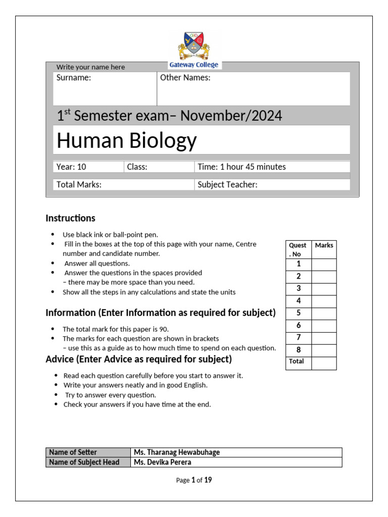 Nov 2024 Y10 H.bio P1 1st Draft 22sept | PDF | Blood | Vein