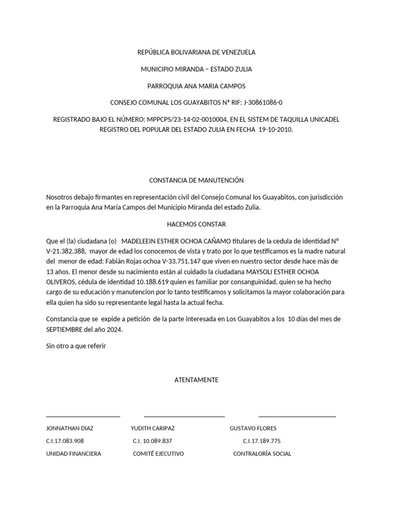 Constancia de Manutención para Hijos | PDF