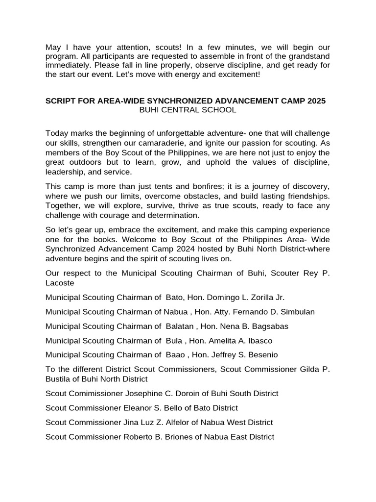 Script For Area Wide Encampment 2025 | PDF | Scouting | Outdoor Recreation