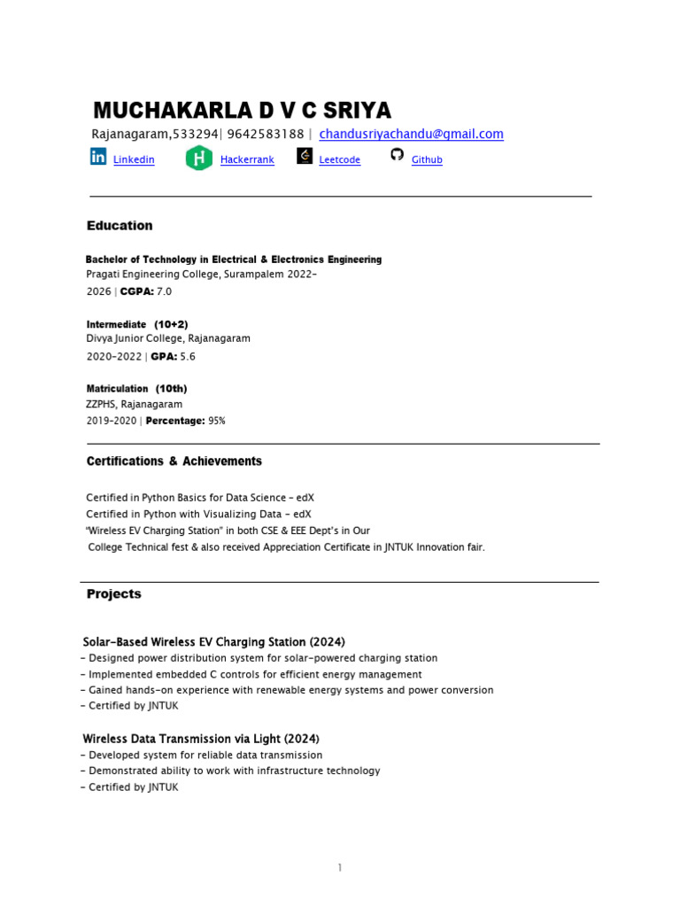 Chandu Sriya Resume New 1.. | PDF