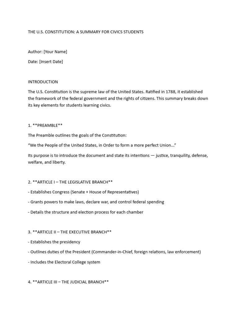 U.S. Constitution Summary for Students | PDF