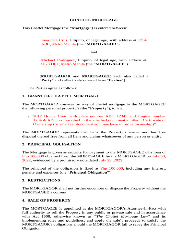 TEMPLATE - Chattel Mortgage For Payment of Loan | PDF | Mortgage Law ...