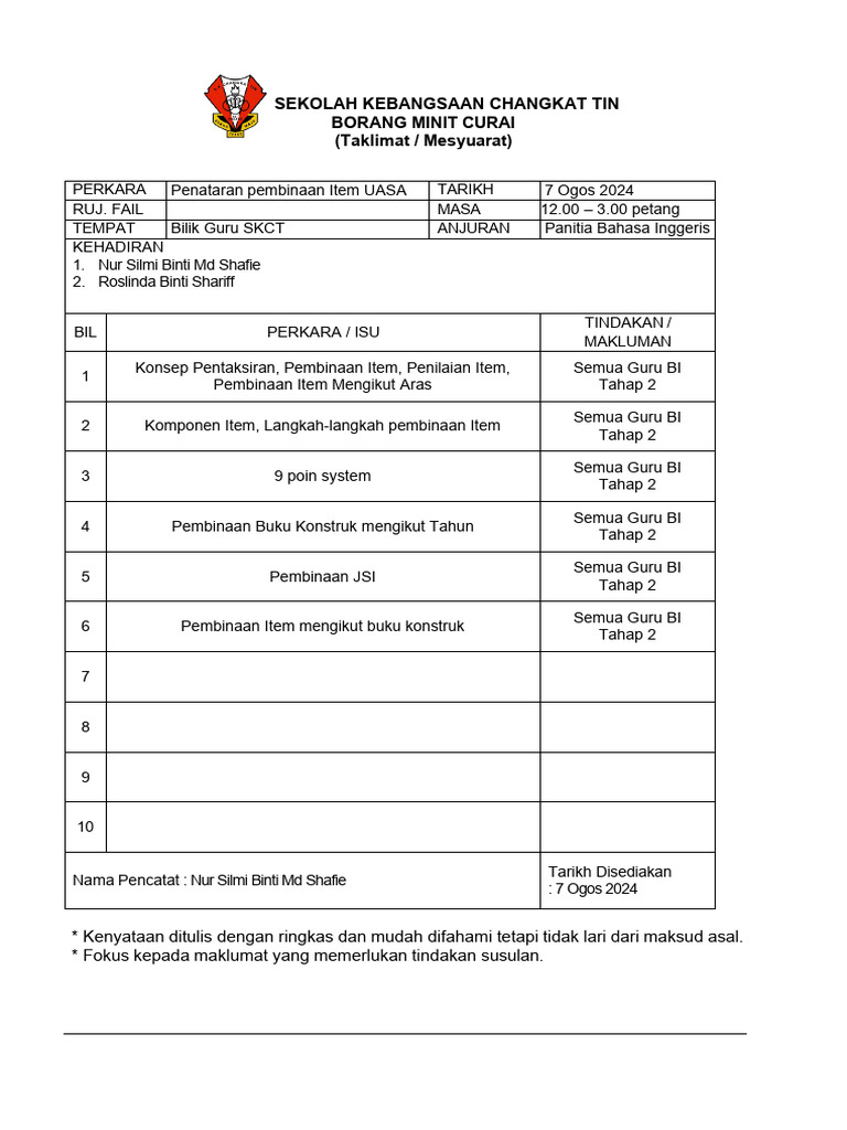 Borang Minit Curai Pembinaan Item UASA BI | PDF