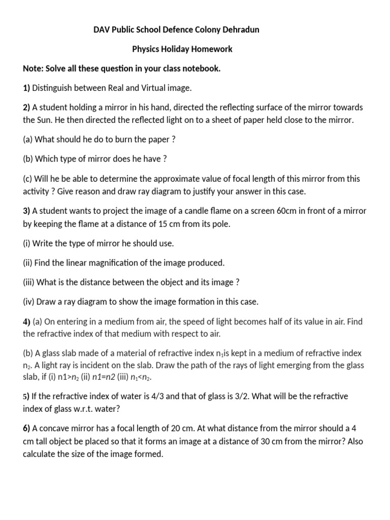 10 Physics Holiday Homework | PDF