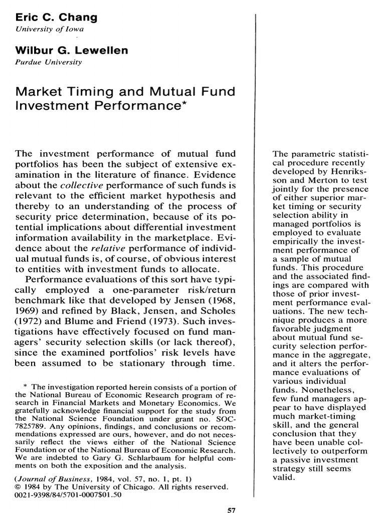 Market Timing and Mutual Fund Investment Performance by Eric C Chang ...