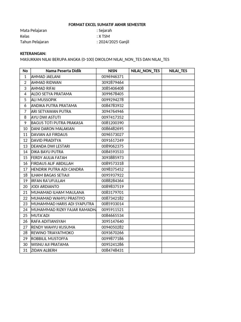 Template Nilai Sumatif Akhir Semester Sejarah Kelas X TSM | PDF