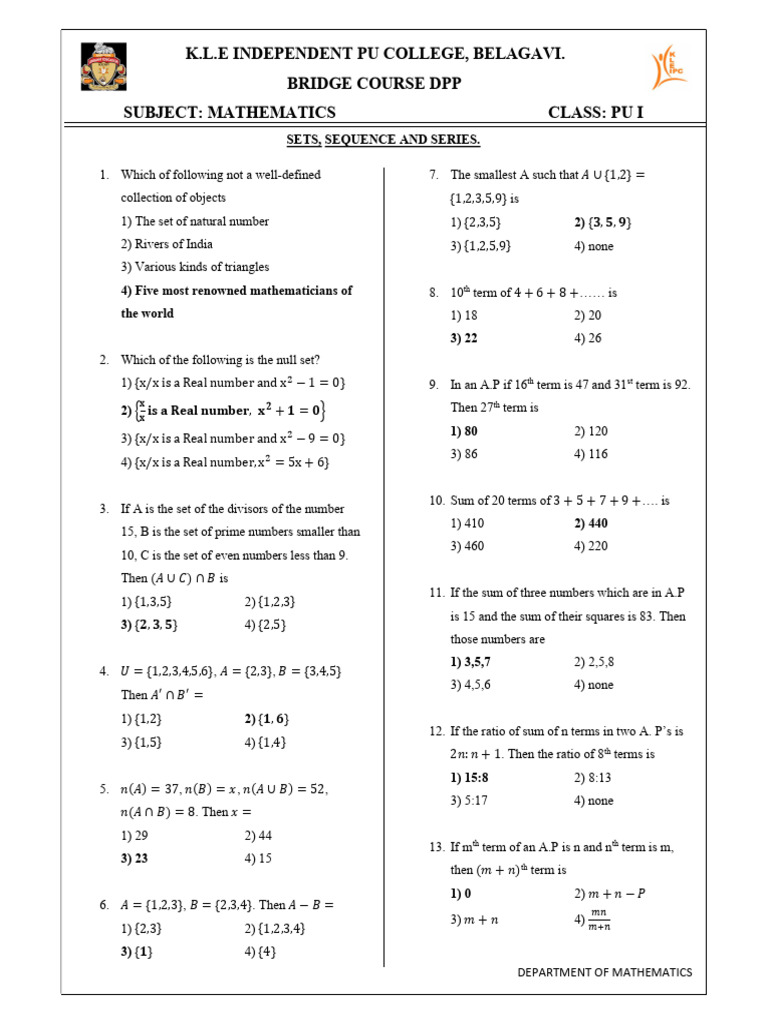 Bridge Course DPP - Sets, Sequence and Series | PDF | Numbers | Arithmetic