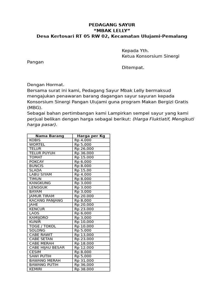 Proposal Penawaran Sayuran MBG | PDF