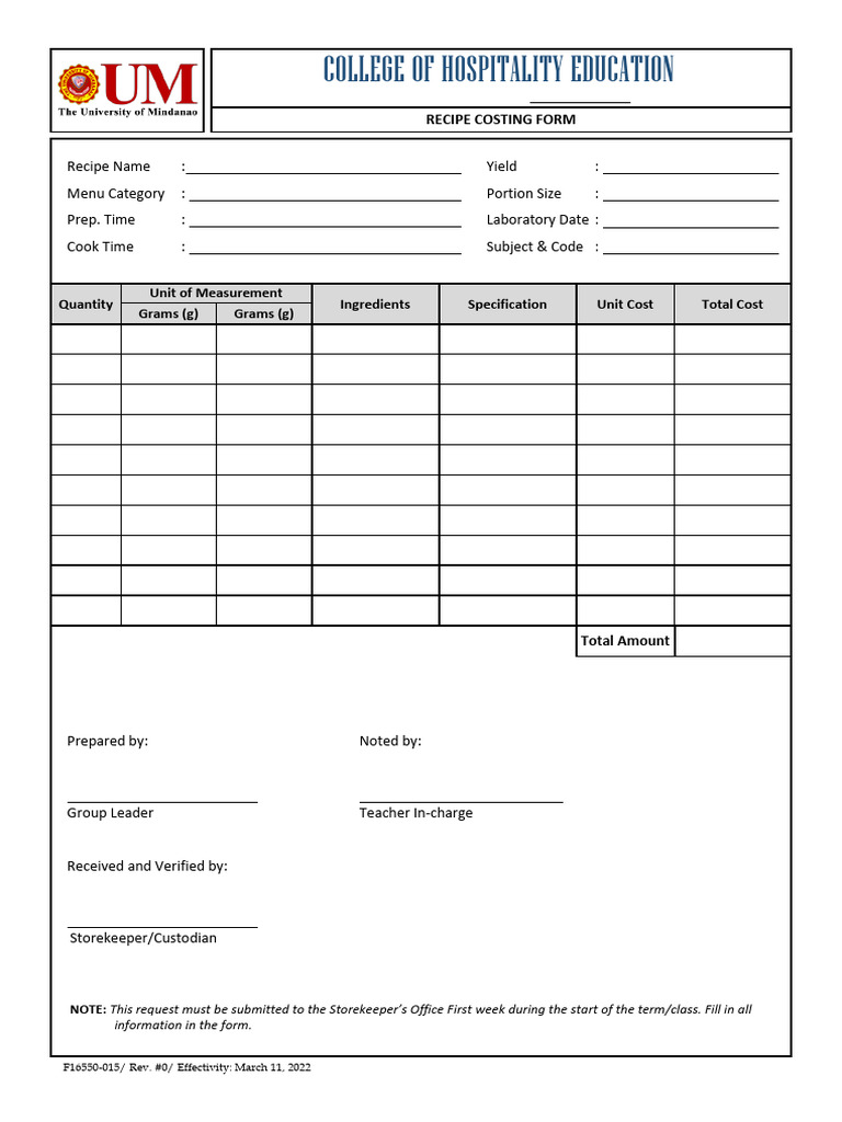 Recipe Costing Form | PDF