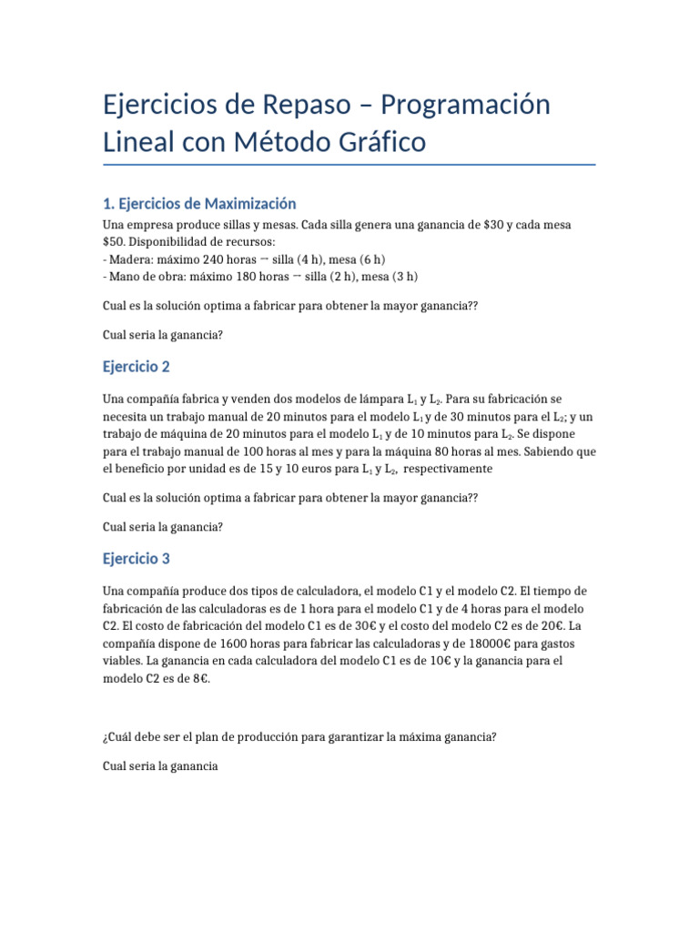 Ejercicios - Programacion - Lineal - Grafico (Para Imprimir) | PDF