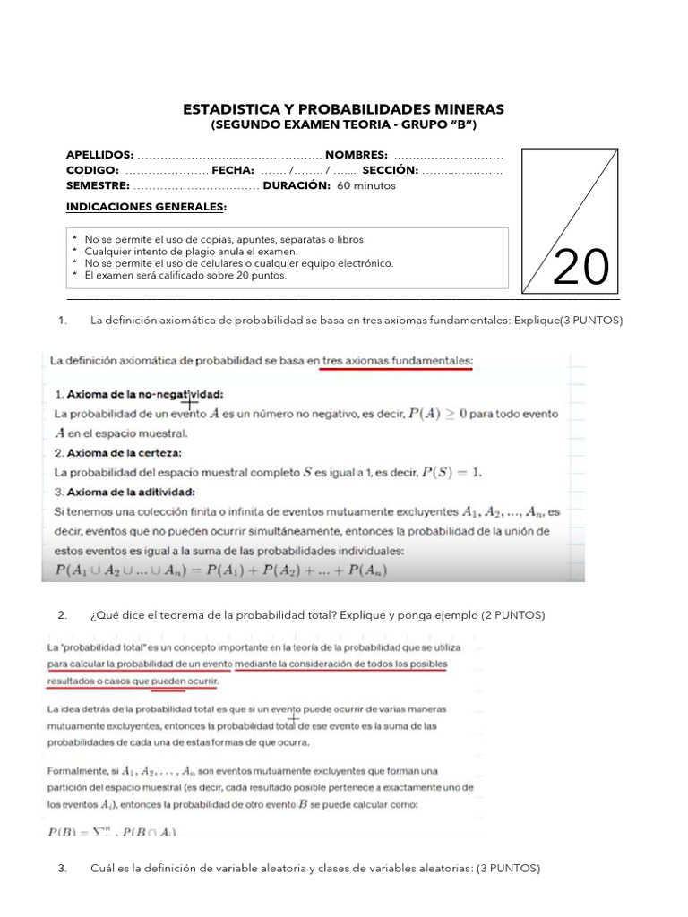 Segundo Examen Teoria - Estadistica y Probabilidades Mineras - 2024 - Resuelto | PDF