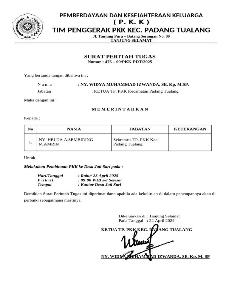 Surat Tugas PKK | PDF