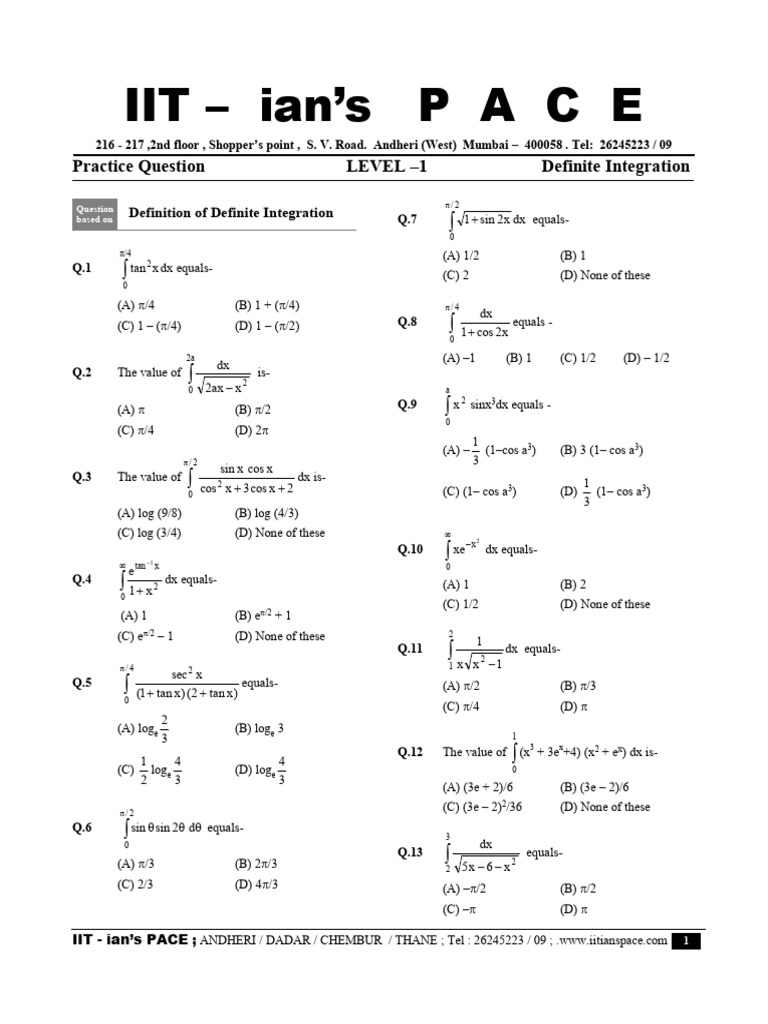 Definite Integration Practice Questions | PDF | American Music People ...