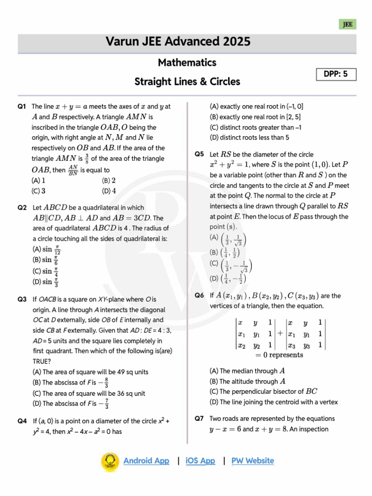 Varun JEE Advanced 2025: Mathematics Straight Lines & Circles | PDF | Circle | Triangle Geometry