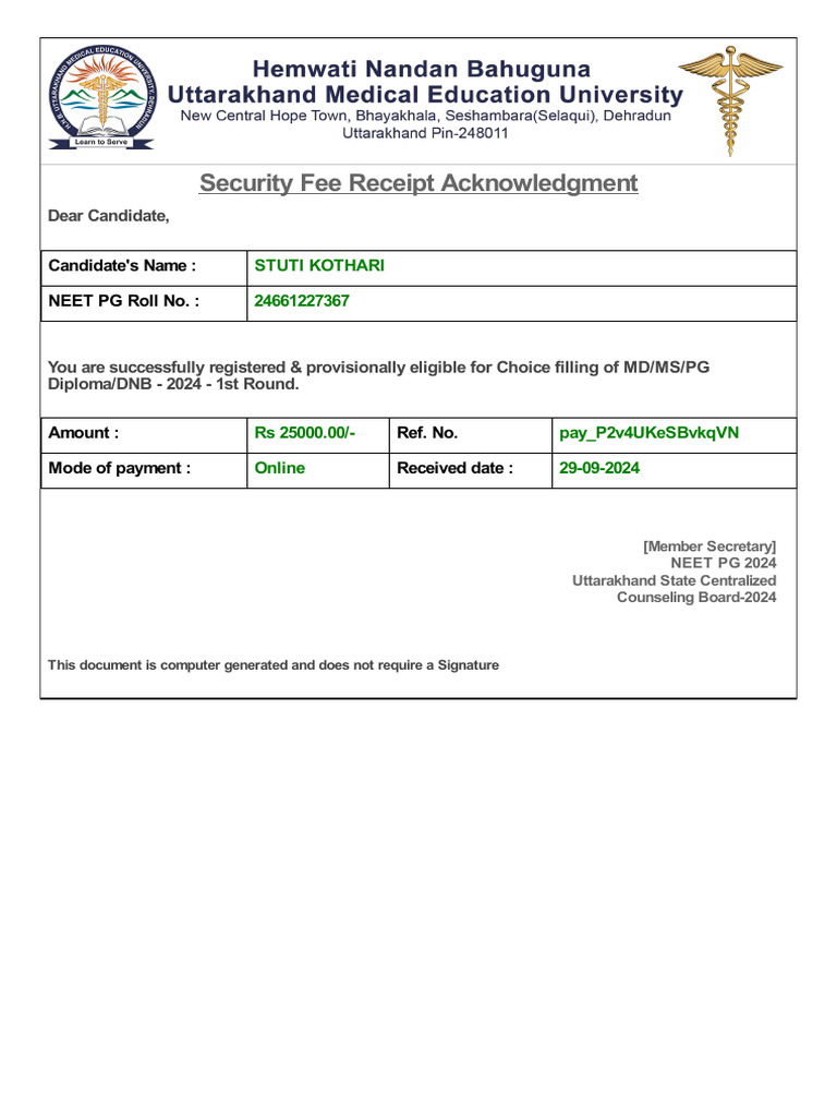 NEET PG 2024 Security Fee Receipt | PDF