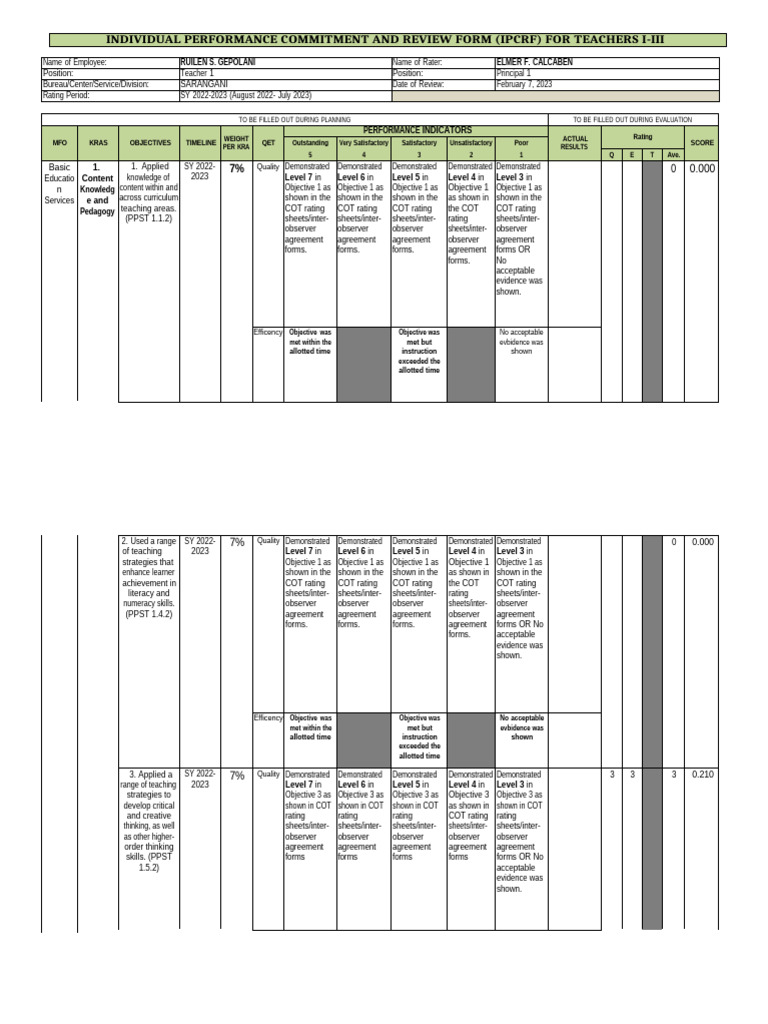 New Ipcrf 2022 2023 Template | PDF | Educational Assessment | Learning