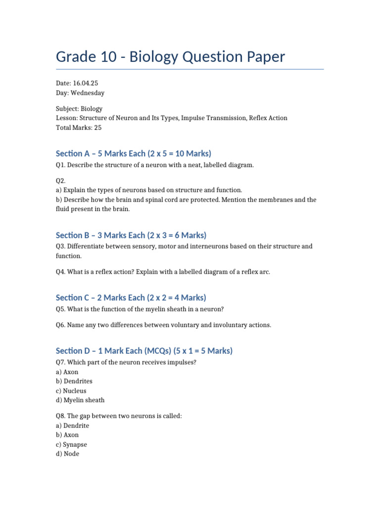 Grade10 Biology QuestionPaper | PDF