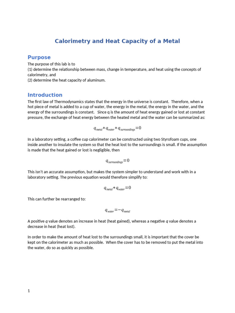 Calorimetry and Heat Capacity of A Metal Lab | PDF | Heat | Heat Capacity