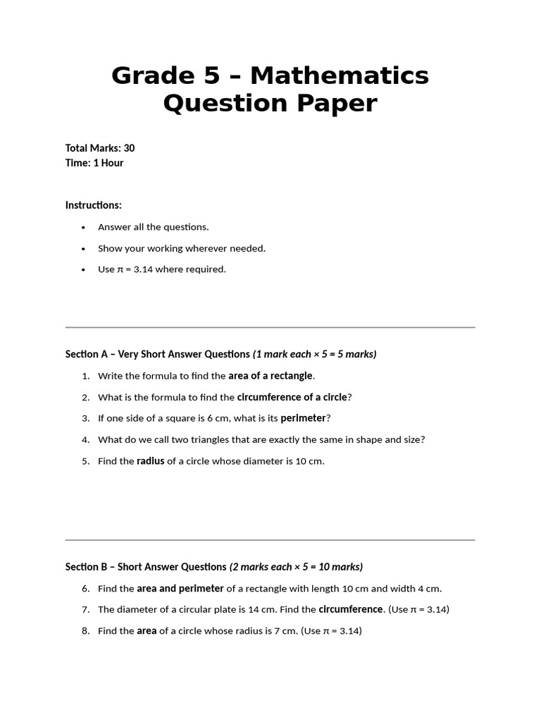Grade 5 Math Exam: Area & Perimeter | PDF