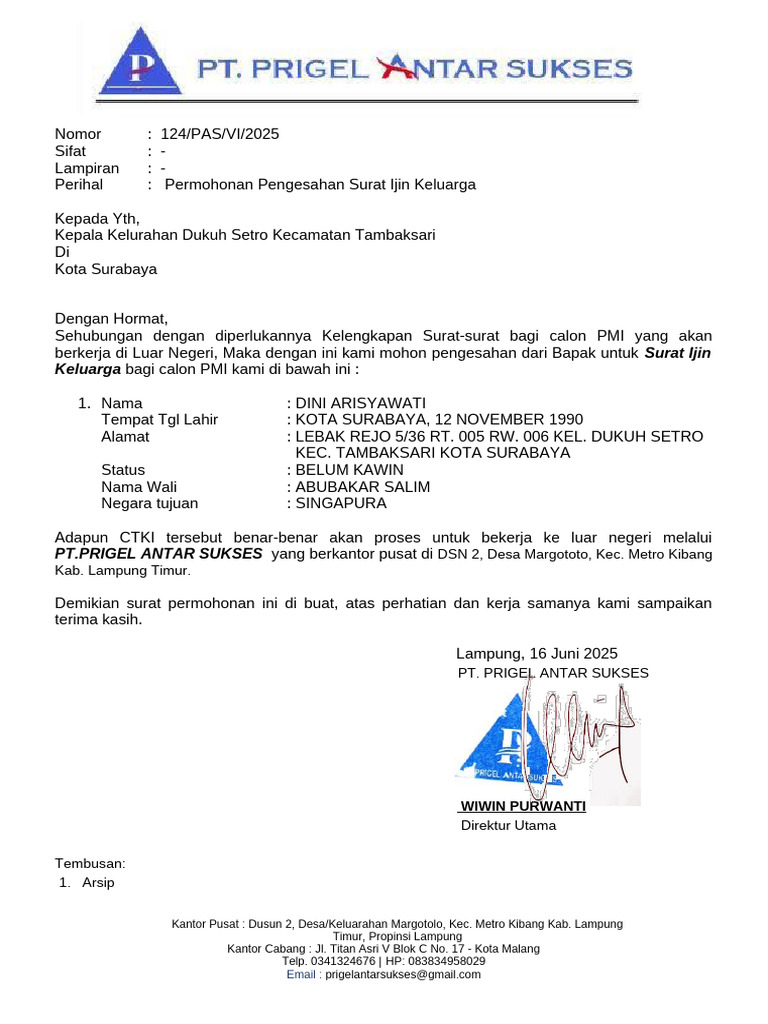 Pengantar Ijin Keluarga Prigel | PDF