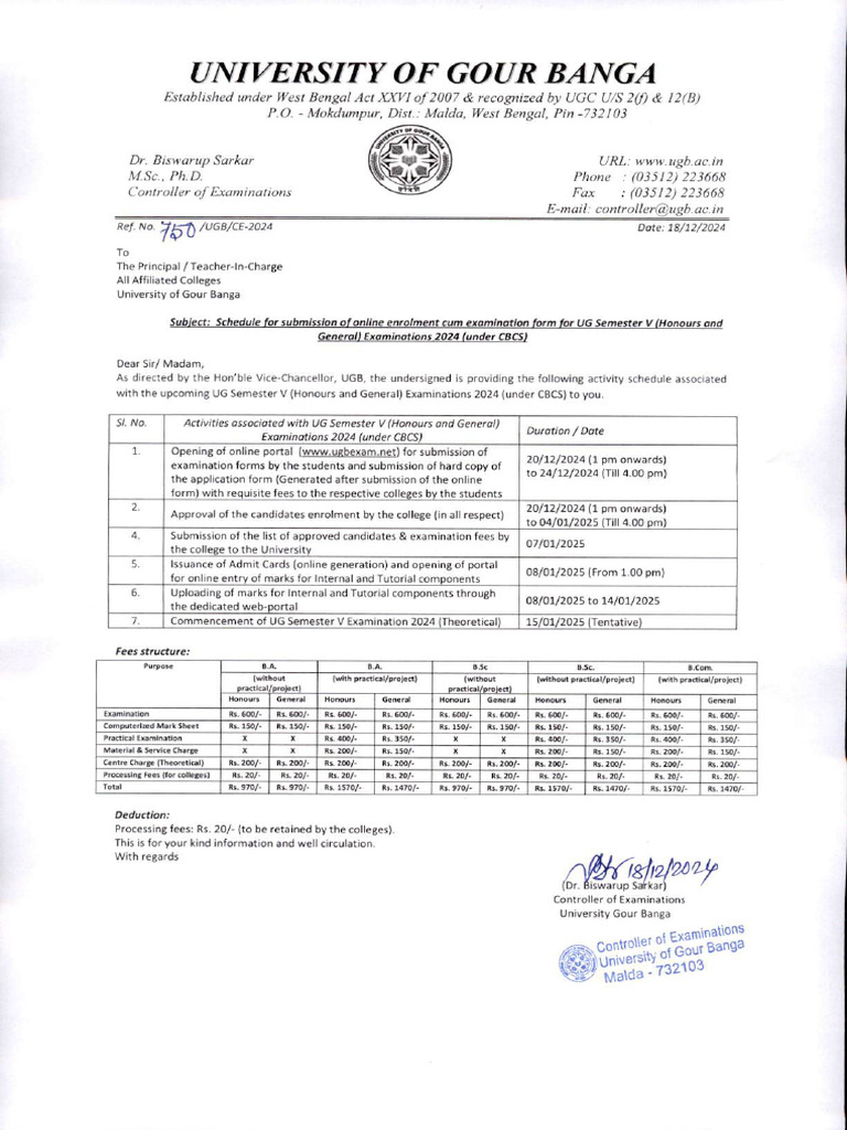 Notification For Submission of Online Form For Enrollment Cum Examination Form For UG Semester V ...