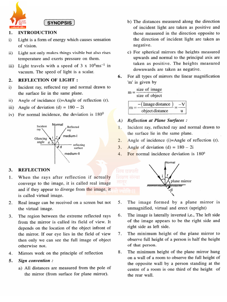 Ray Optics - Synopsis & MCQ | PDF