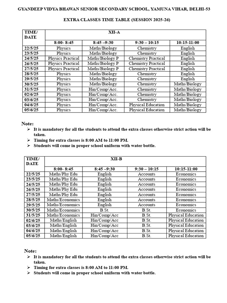 Extra Classes Timetable 2025-26 | PDF