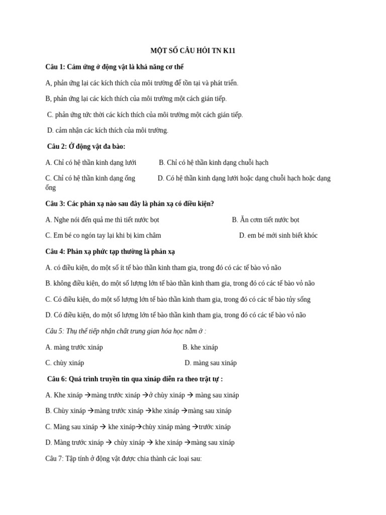 Một Số Câu Hỏi Tn k11 | PDF