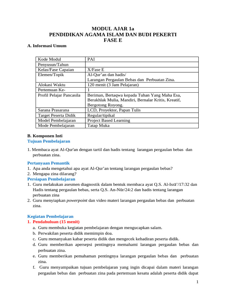 Modul Ajar Pai Sma Kelas X Bab 6 | PDF