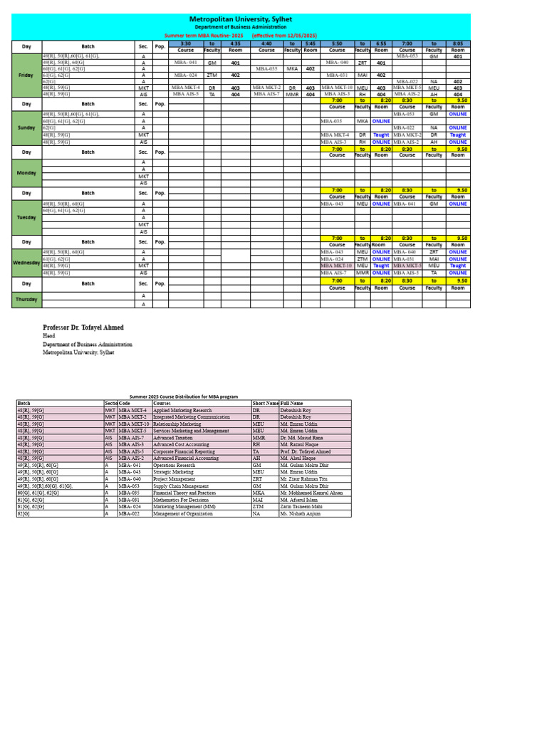 MBA Updated Routine-Summer 2025 | PDF | Business | Business Economics