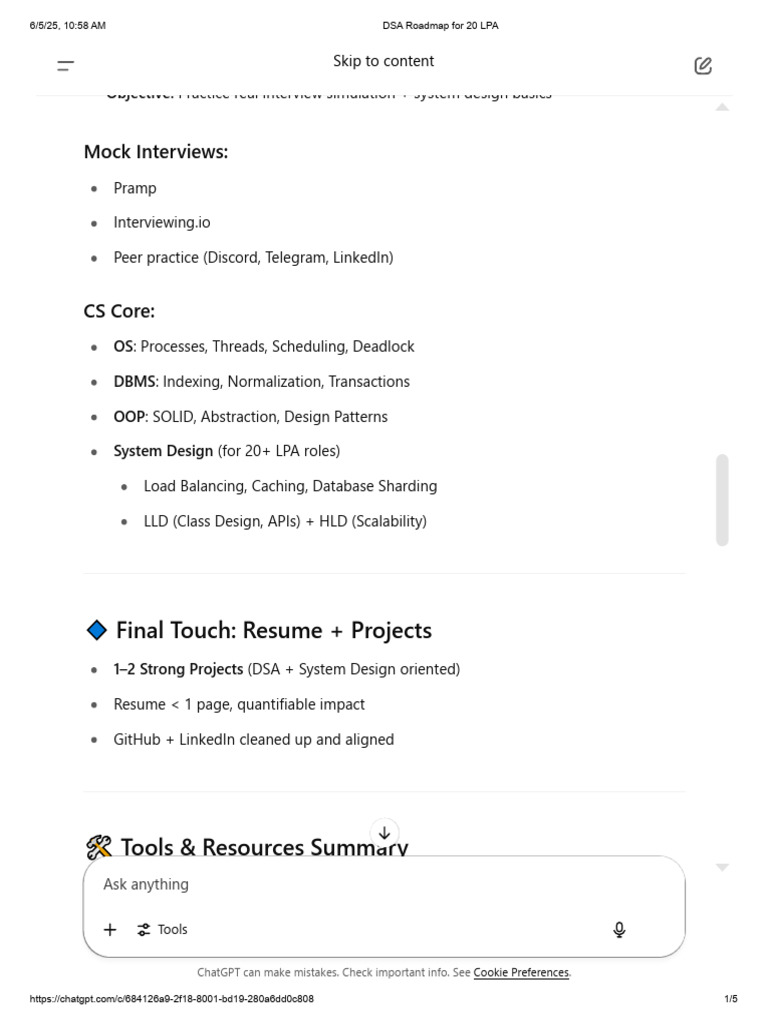 DSA Roadmap For 20 LPA5 | PDF