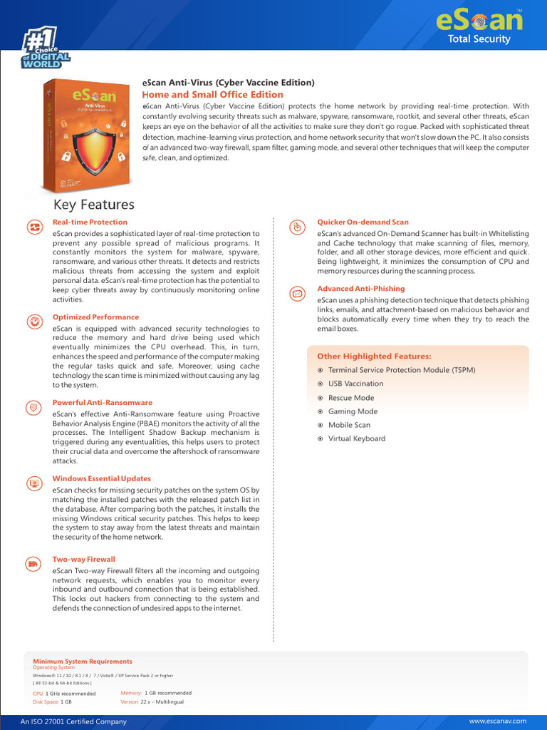 eScan Anti-Virus Cyber Vaccine Edition | PDF | Antivirus Software | Malware