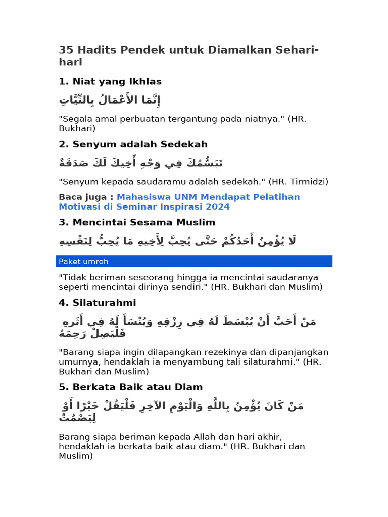 35 Hadits Pendek untuk Kehidupan Sehari-hari | PDF