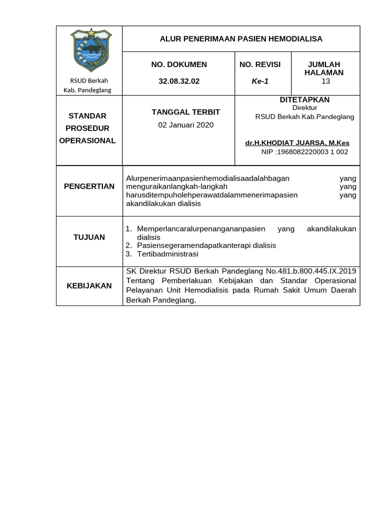 003a.alur Penerimaan Pasien Hemodialisa 2..... Docx Revisi | PDF