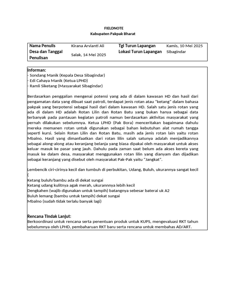 Fieldnote - Potensi Rotan Di HD Sibagindar | PDF