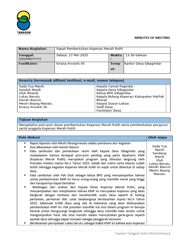 MoM Pembentukan KMP Desa Sibagindar | PDF