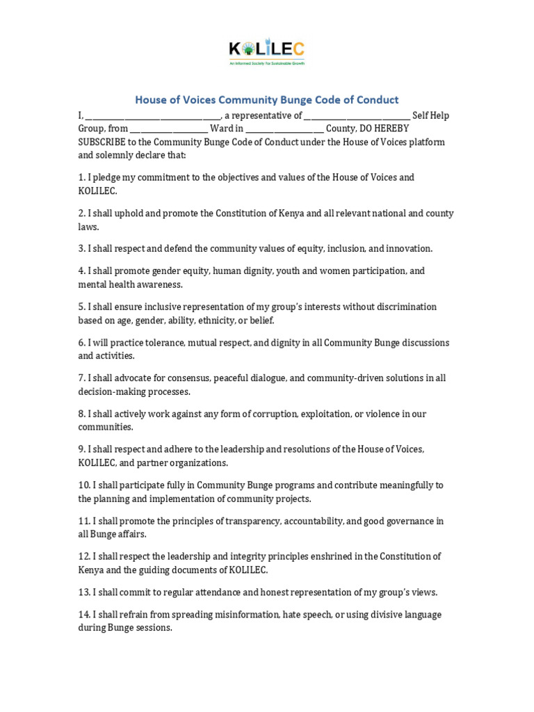 House of Voices Community Bunge Code of Conduct | PDF | Justice | Crime ...