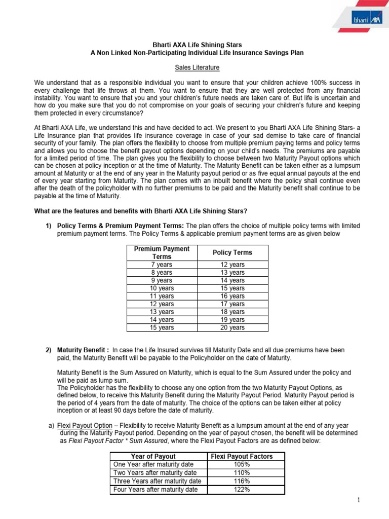 Bharti AXA Life Shining Stars Plan | PDF | Insurance | Life Insurance