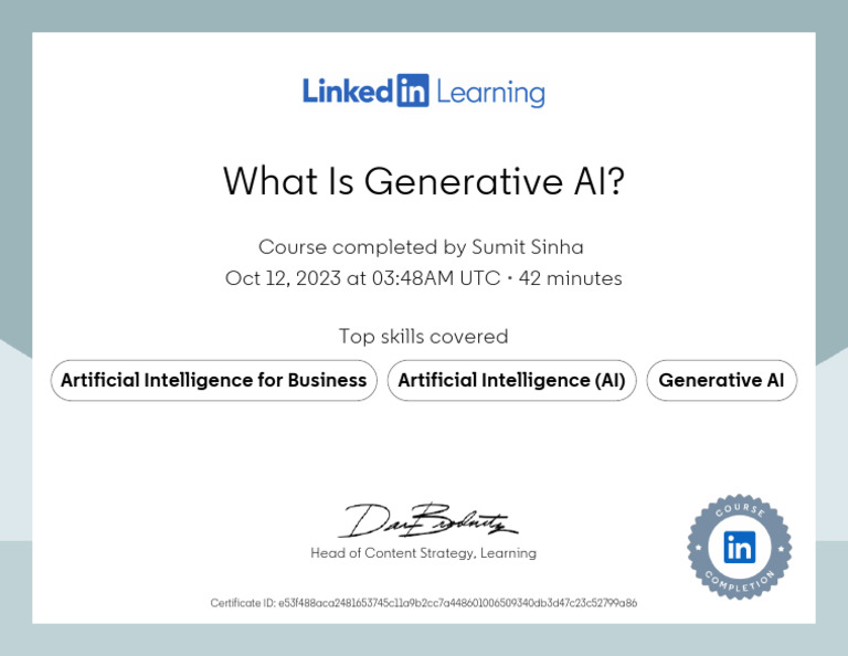 CertificateOfCompletion - What Is Generative AI | PDF