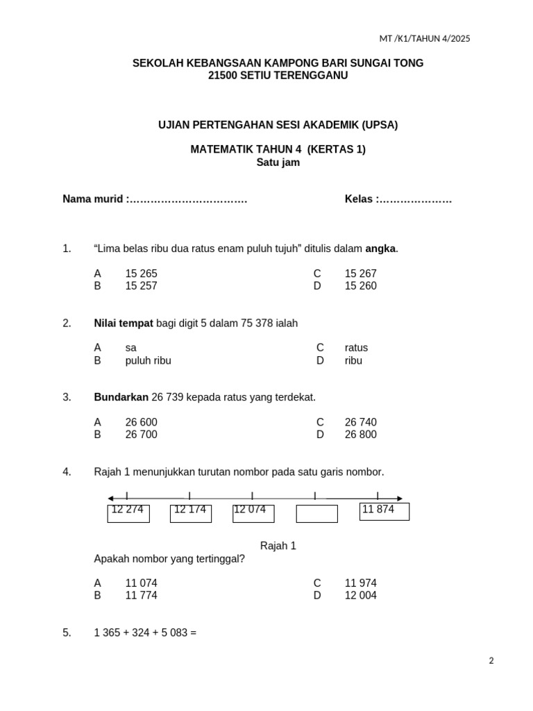 Matematik Upsa Tahun 4 2025. | PDF