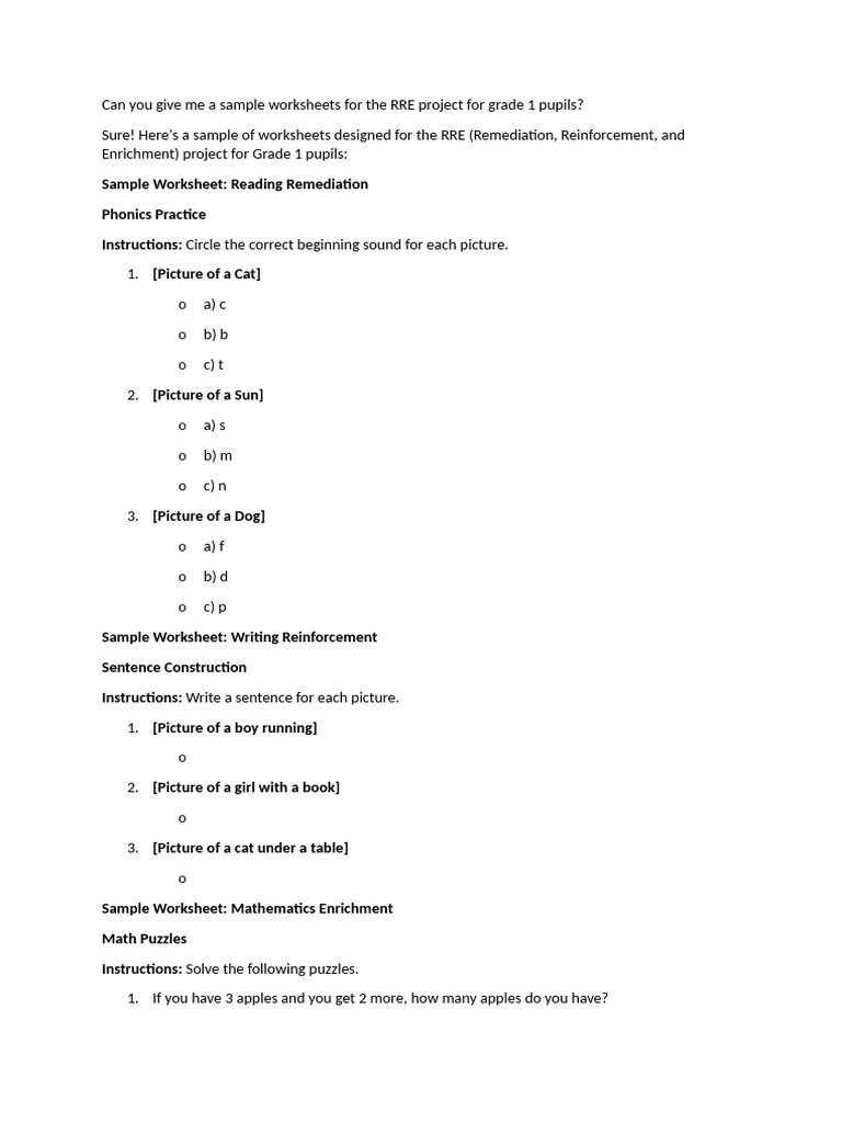 Can You Give Me A Sample Worksheets For The RRE Project For Grade 1 ...