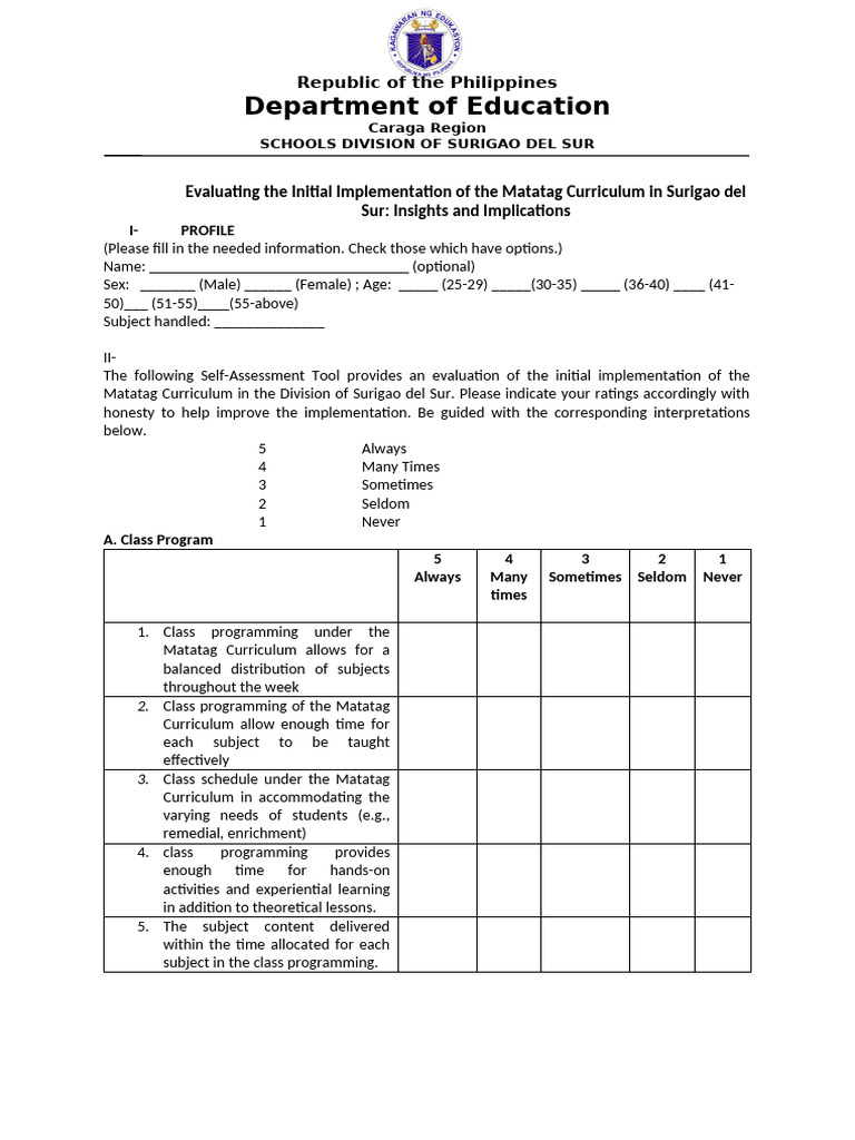 Initial Matatag Questionnaire | PDF | Educational Assessment | Pedagogy