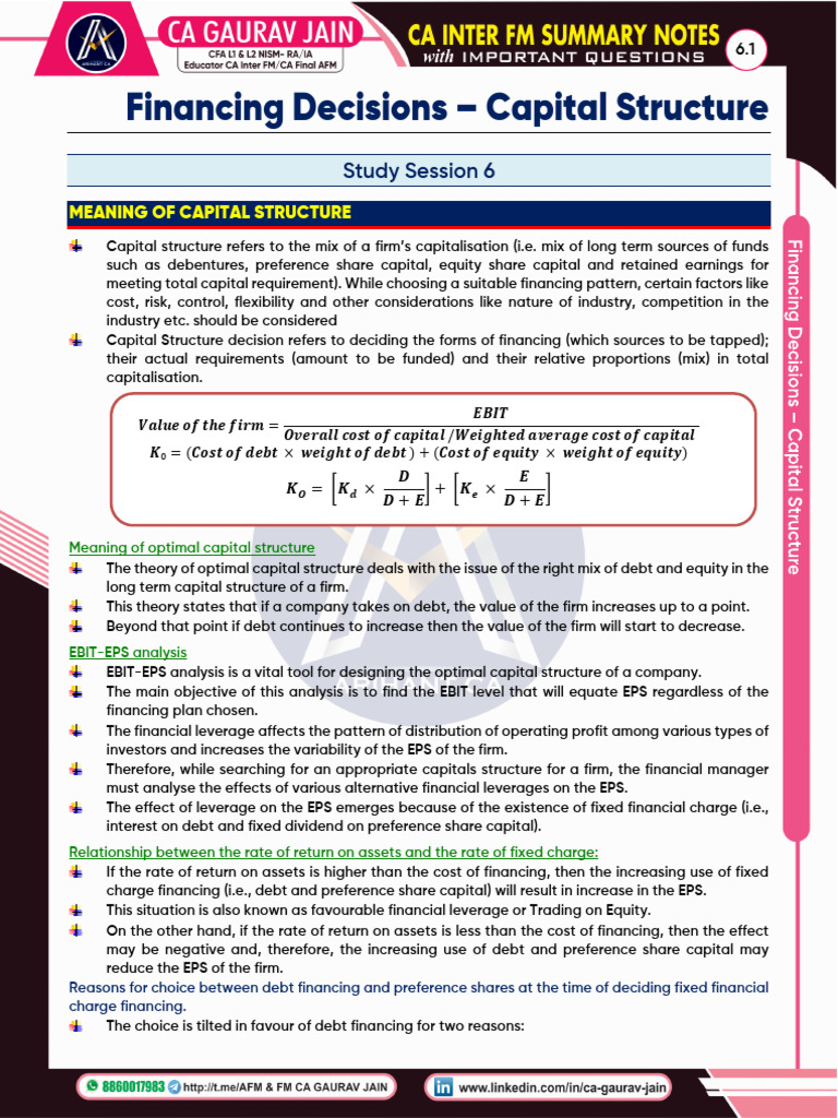 CA Inter FM Financing Decisions Capital Structure Summaries With | PDF ...
